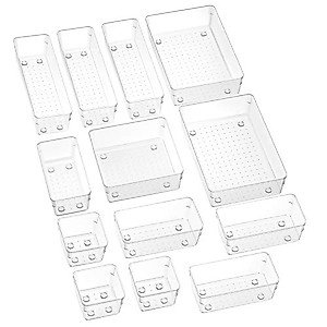 SMARTAKE 13-Piece Drawer Organizers with Non-Slip Silicone Pads, 5-Size Desk Drawer Organizer Trays Storage Tray for Makeup, Jewelries, Utensils in Bedroom Dresser, Office and Kitchen, Clear