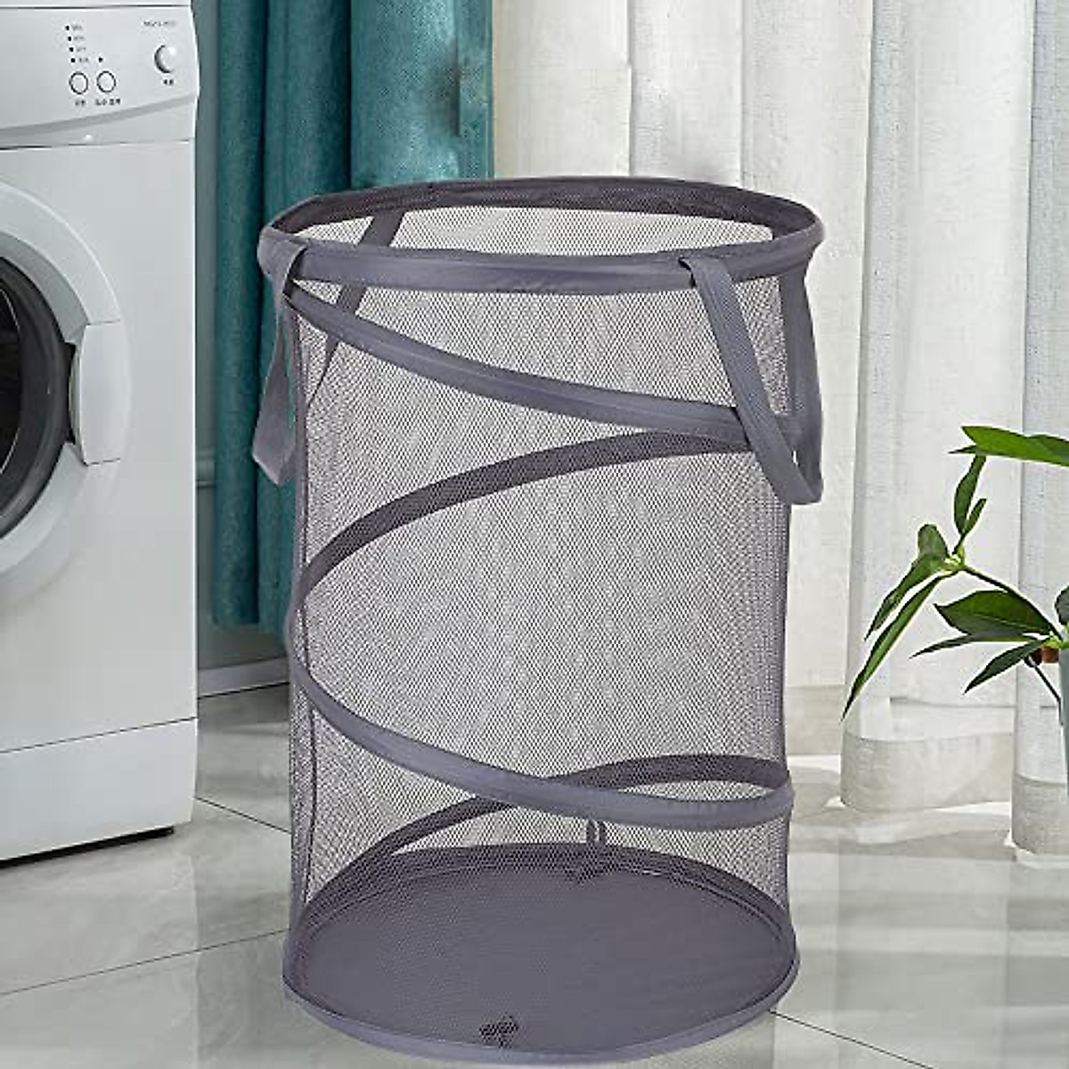 Qtopun Mesh Popup Laundry Hamper, Foldable Portable Cylindrical Dirty Clothes Basket for Bedroom, Kids Room, College Dormitory and Travel — Grey