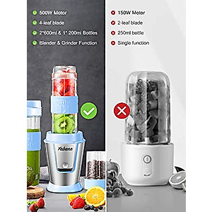 Personal Blender with 2 x 20oz Travel Bottle and Coffee/Spices Jar, Portable Smoothie Blender and Coffee Grinder in One, 500W Single Serve Blender for Shakes and Smoothies, BPA free, by Yabano (Blue)