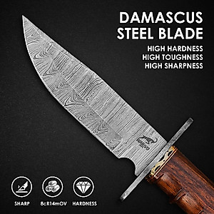Handmade Damascus Steel Hunting Knife - 11" EDC Fixed Blade Knife Ideal for Skinning, Camping, and Outdoor, Bushcraft, Tactical, Skinning Knife With Wood Handle & Leather Sheath