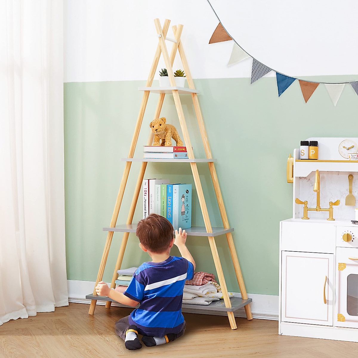 Fantasy Fields - Book Shelf Organizer for Kids with Storage, Toddler Book Display Bookshelf, Kids Wooden Ladder Bookcase Display Shelves - Gray