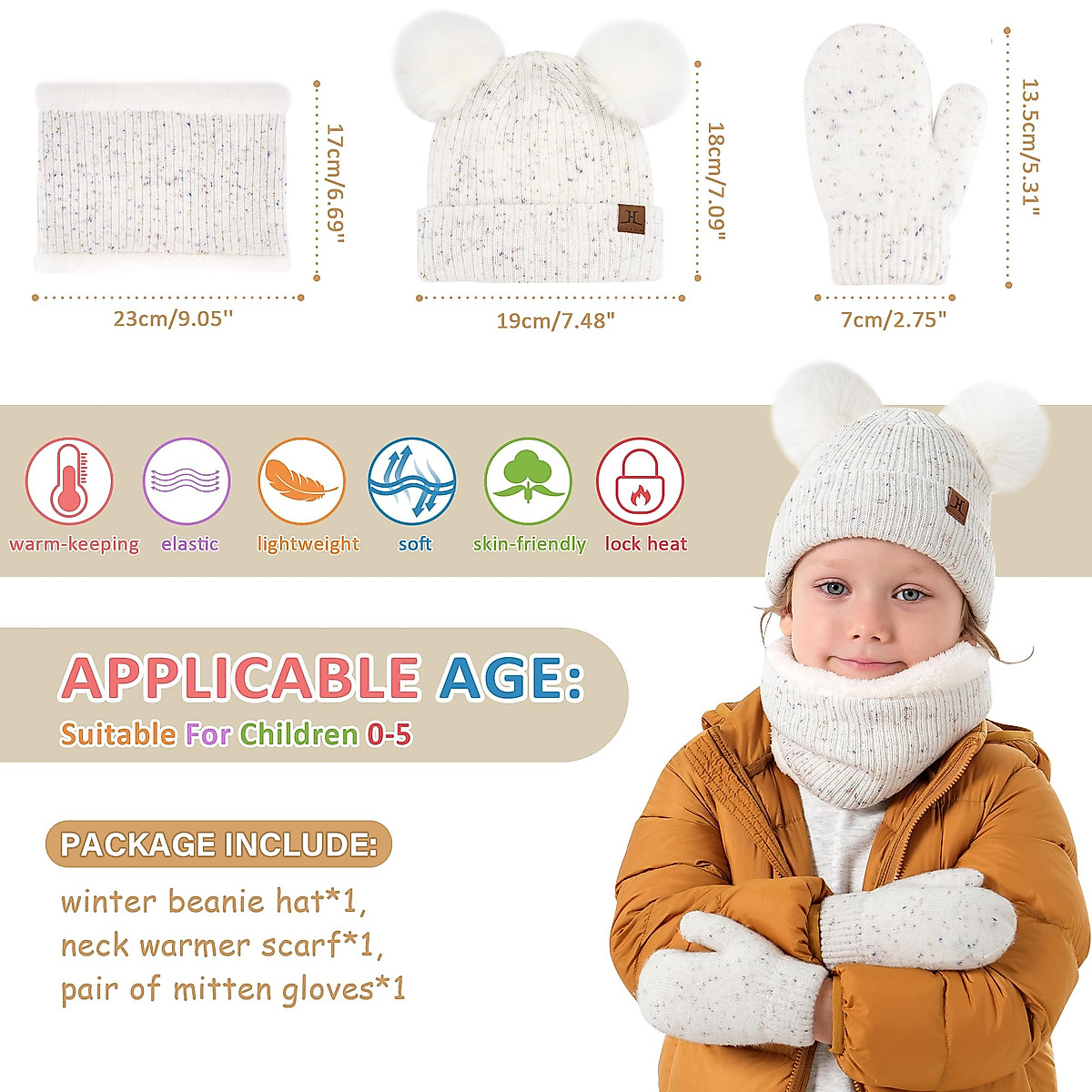 Winter Hats, Gloves, Scarves Set with Pompom Beanies for 0-4 Year Old Boys & Girls