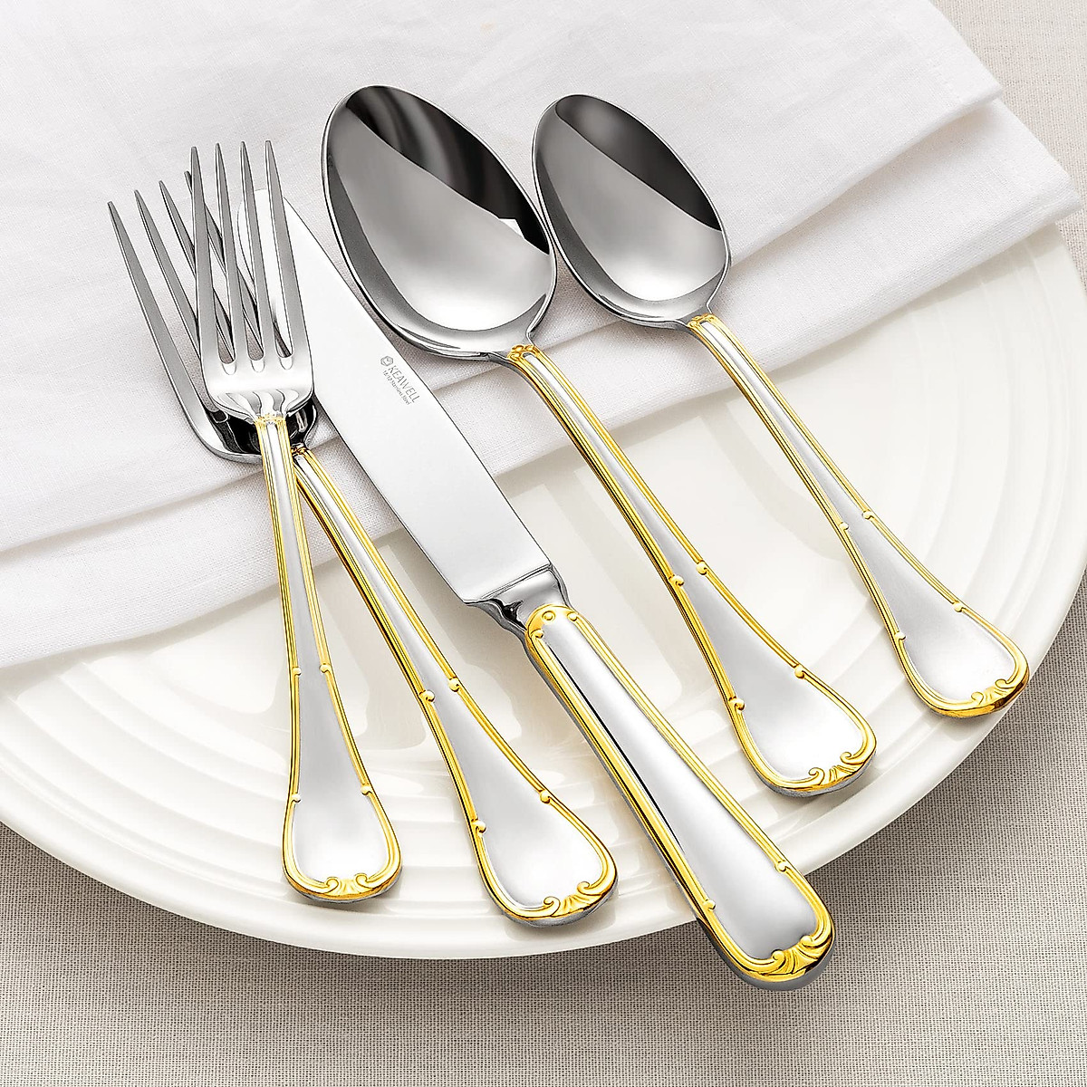 KEAWELL Elizabeth 20-Piece 18/10 Stainless Steel Flatware Set, Service for 4, Fine Silverware Set (Gold Accent), Dishwasher Safe, Mirror Polished