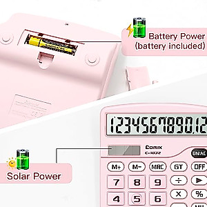 Comix Desktop Calculator 12 Digit with Large LCD Display and Big Button, 12 Digits Baisc Calculator, Solar Battery Dual Powered, for Office Home School C-1832(Pink)