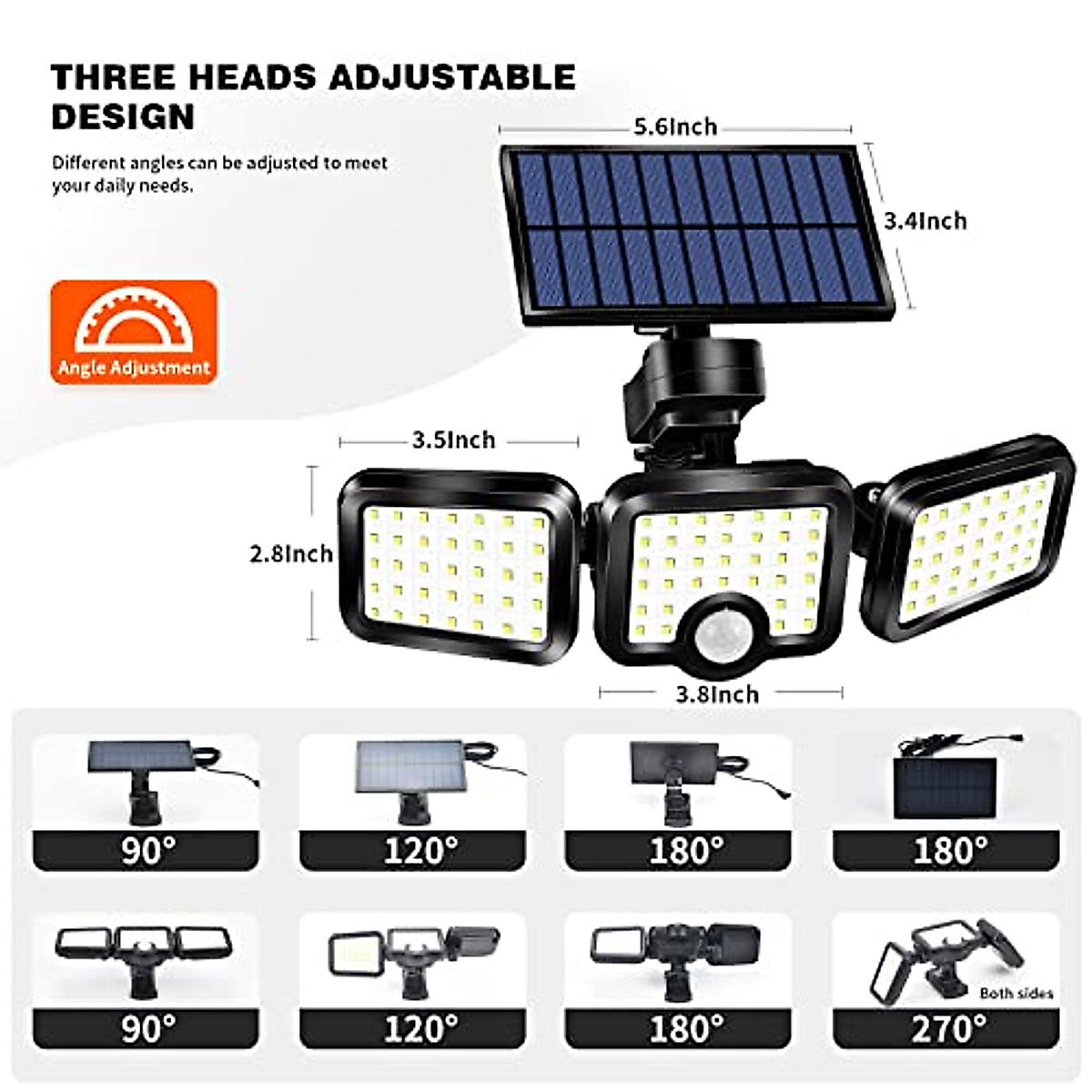 2 Pack Detachable Solar Security Lights, 3 Head Motion Sensor Lights With Remote Control 108 LED Rotatable Flood Lights IP65 Waterproof Outdoor Spotlights for Porch Garden Patio Yard Garage Pathway