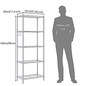 Cozzine 5 Tier Storage Shelves, Adjustable Storage Shelves 21"x 11"x 59" Heavy Duty Steel Tube Wire Shelving Unit (Silver)