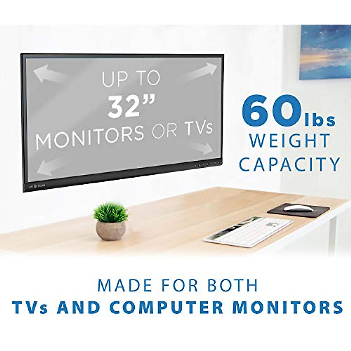 Mount-It! Low Profile Fixed TV Wall Mount for Small Televisions Computer Monitors, Fits 13" to 27", Quick Disconnect, 60 Lbs Capacity, VESA 75x75 mm and 100x100 mm, Black