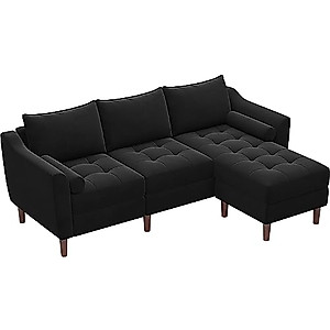 Belffin Black Velvet L Shaped Sectional Couch Small Convertible Couch Sectional Sofa 3-Seater Sofa Sectional with Reversible Chaise Ottoman for Apartment and Small Space