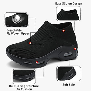 Women's Walking Shoes Sock Sneakers Light Weight Air Cushion Slip On Breathe Mesh Working Shoes Platform Loafers Allblack
