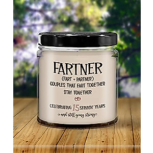 The Improper Mug Fartner 15 Years Anniversary Candle for Husband from Wife Couples Funny Fifteen Yr Together 15th Wedding Fart Jokes 9 Oz. Vanilla Scented Soy Wax for
