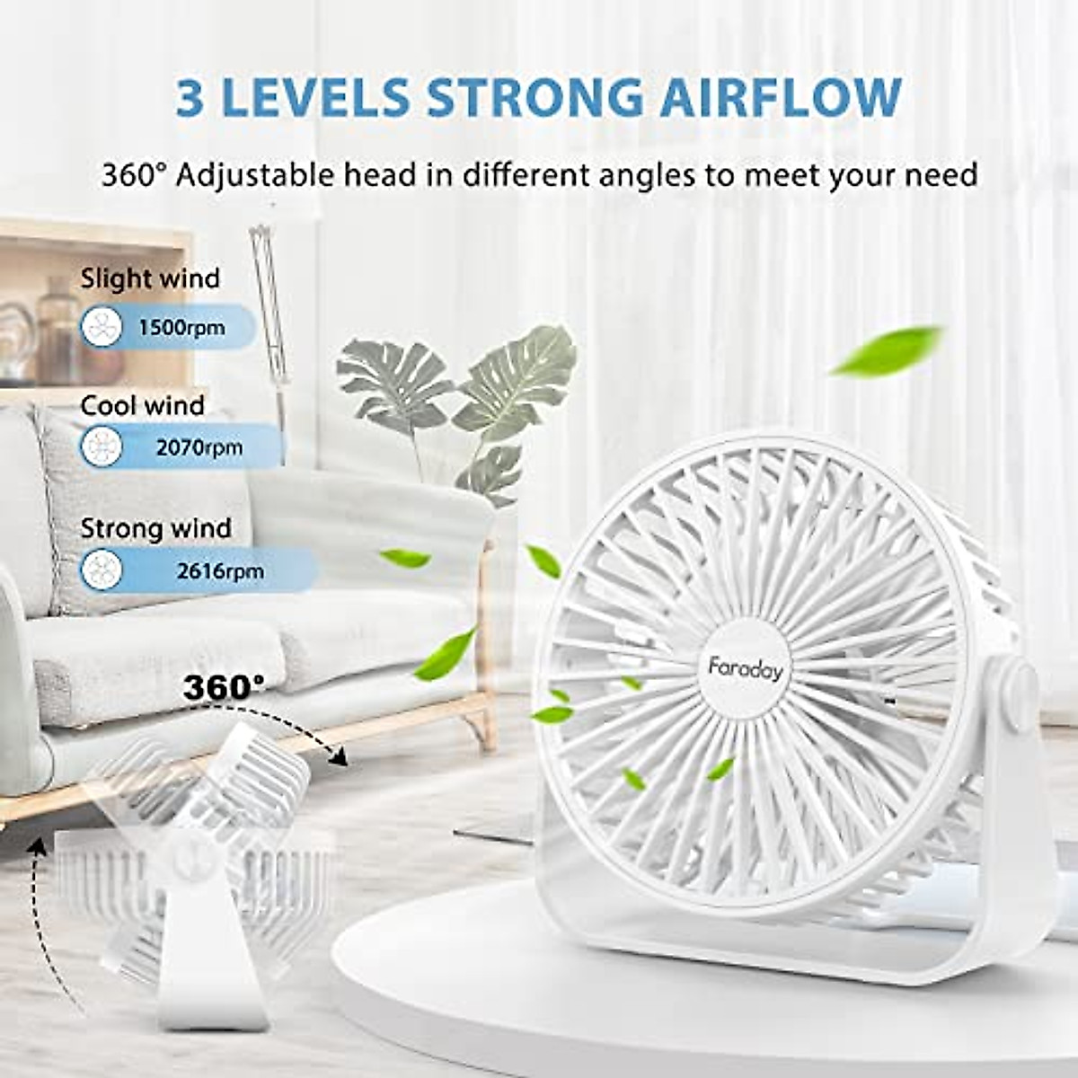 FARADAY USB Desk Fans 5 Inches Portable Table Fans 360° Head Rotation Small Personal Desktop Fan for Home Office, 3 Speeds, White