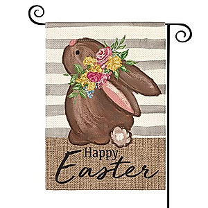 AVOIN colorlife Happy Easter Chocolate Bunny Garden Flag 12x18 Inch Double Sided Outside, Stripes Rabbit Holiday Yard Outdoor Decoration