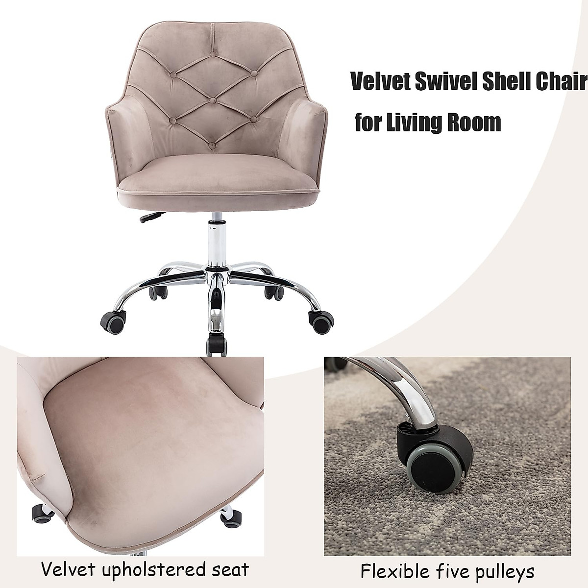 Velvet Swivel Shell Chair for Living Room, Modern Leisure Arm Chair, Office Chair, 360 Degree Swivel Shell Chair Velvet Home Office Desk Chair Tufted Vanity Chair with 5 Wheels for Bedroom (Gray)