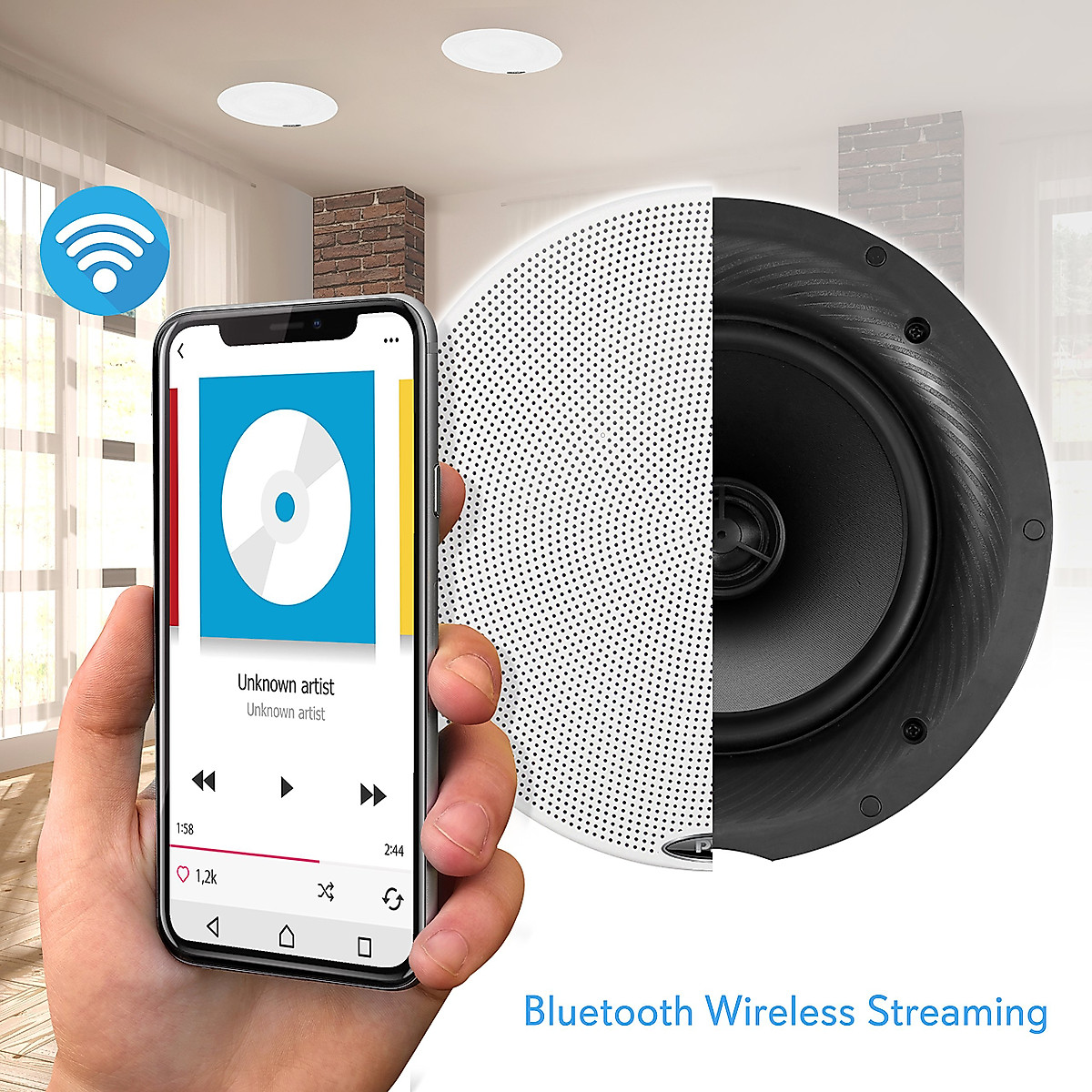 Pyle Pair 8.0” Bluetooth Universal Flush Mount In-wall In-ceiling 2-Way Speaker System Dual Polypropylene Cone & Polymer Tweeter Stereo Sound 400 Watts (PDICBT87) , Black