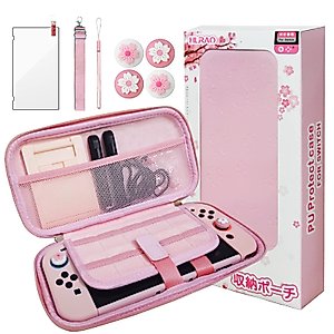 HLRAO Pink Bag Compatible with Nintendo Switch(NOT OLED/Lite), Sakura-Design Shell, Solid Portable Storage Bag, Shockproof, with HD Glass Screen Protector, and 4 Sakura Thumb Grip Caps.