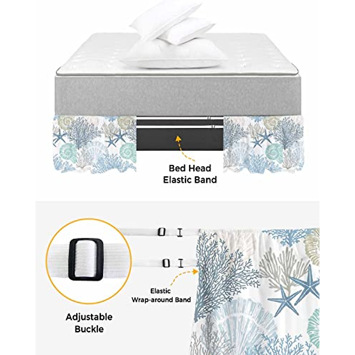 Coral Shell Starfish Bed Skirt Queen Size 18 Inch Drop, Adjustable & Elastic Wrap Around Bed Skirts Pleated Luxury Dust Ruffles for Twin Full Queen Cal King Base Bed, Summer Beach Ocean Sea Blue