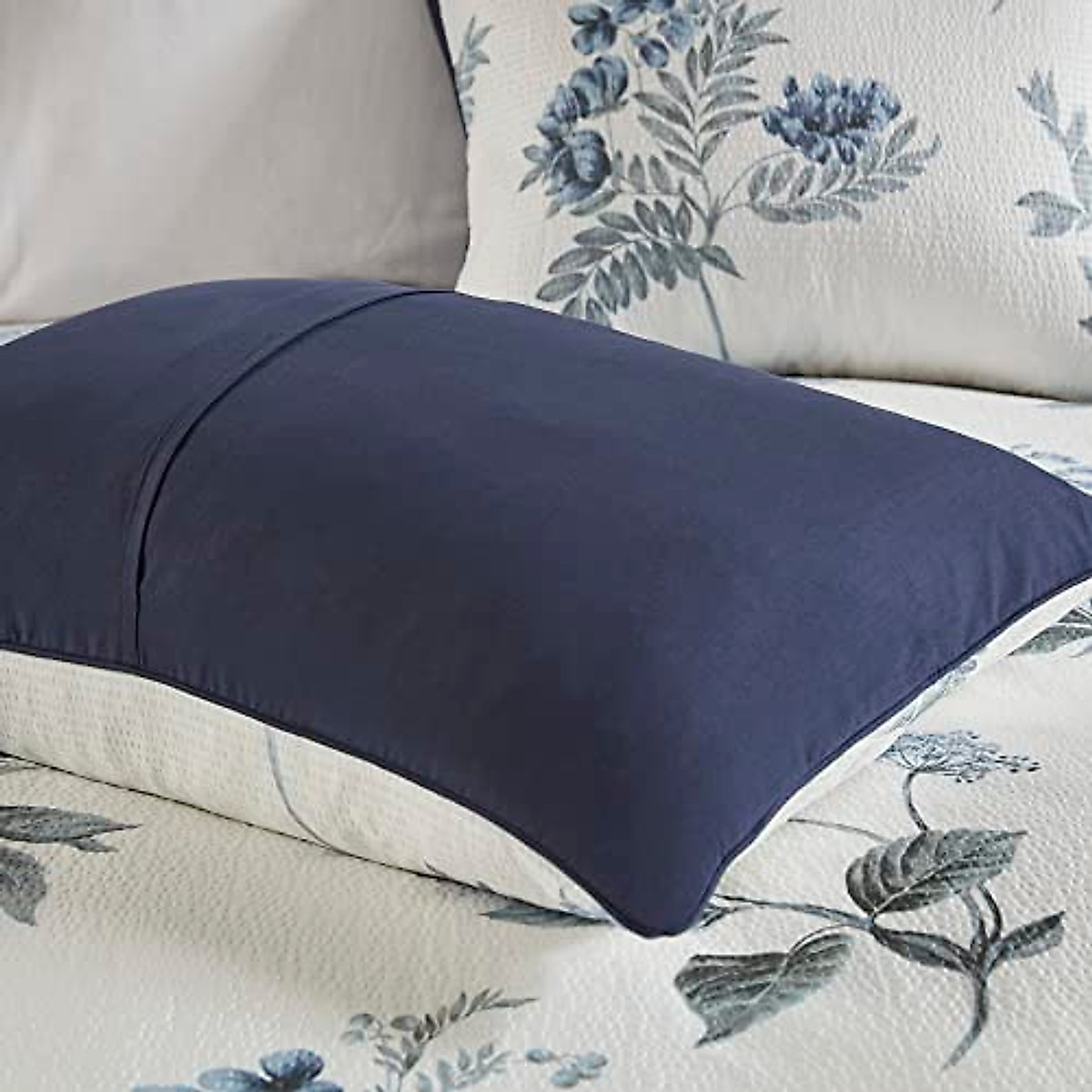 Madison Park Zennia Farmhouse Comforter Set with Throw-Blanket, Floral Print on Seersucker Textures, All Season Bedding, Matching Shams, Toss Pillows, Full/Queen(90"x90"), Blue 7 Piece