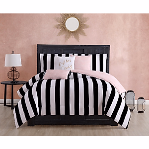 Juicy Couture Cabana Stripe Reversible Bedding Set - Queen Size - Black and White Stripe Print – 6 Piece Set – Includes 1 90" x 90" Comforter, 3 Decorative Pillows, 2 Shams
