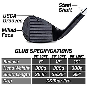 GoSports Tour Pro Golf Wedge Set - Includes 52 Degree Gap Wedge, 56 Degree Sand Wedge and 60 Lob Wedge Degree in Satin or Black Finish (Right Handed)