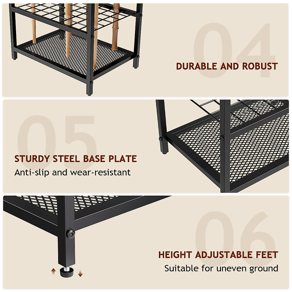 Homsorout Garden Garage Tool Organizer - Yard Tool Organizer for Garage with 4 Hooks, Heavy duty Steel Garden Tool Rack Holds up to 48 Long Handled Yard tools for Storage