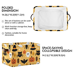 Large Foldable Storage Basket Halloween Spooky Skull Pumpkin Black Cat Storage Bin Canvas Toys Box Fabric Decorative Collapsible Organizer Bag with Handles for Bedroom Home