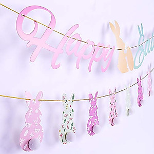 Happy Easter Bunny Paper Banner Easter Bunny Pattern Sign, Bunnny Honeycomb Ball Hanging Ornament, Perfect for Spring Easter Party Decoration Supplies Easter Home Indoor Hanging Decor