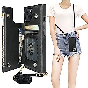 Bocasal Crossbody Wallet Case for iPhone 14 with RFID Blocking Card Slot Holder, Magnetic Flip Folio Purse Case, PU Leather Zipper Handbag with Detachable Lanyard Strap 6.1 Inch 5G (Black)
