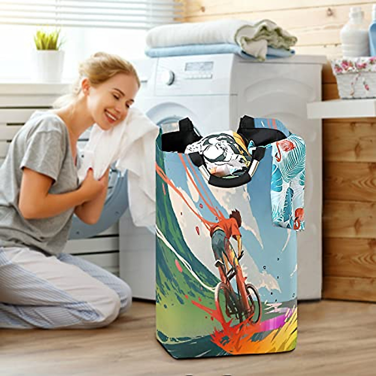 xigua Young Man Riding Bicycle With Colorful Energy Large Laundry Basket, Collapsible Clothes Hamper with Handles Tall Foldable Clothes Bag for Family Bedroom Bathroom Student Dormitory, 12.6 x 11 x 2