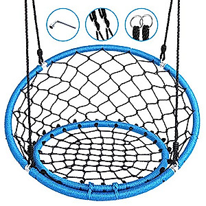 SereneLife Web Chair Swing 35.5" Inch Hanging Netted Seat Kids Indoor Outdoor Yard Round Circle Saucer Swing for Trees or Swing Sets - All Season UV Resistant Rope Net Swing
