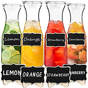 Tomnk Glass Carafe with Lids for Mimosa Bar, 1 Liter Set of 4 Glass Pitchers Mimosa Bar Supplies, Carafes & Pitchers for Brunch Juice Iced Tea, 8 Wooden Chalkboard Tags and 8 Labels Included