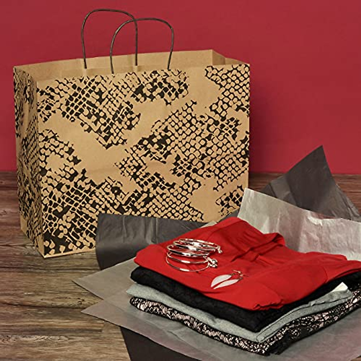 Boutique Bags - 16x6x12 100 Pack Extra Large Retail Bags for Small Business with Handles, Animal Print Brown Gift Bags for Goodie & Favor Bags, Birthday Party, Retail, Shopping, Merchandise, Bulk