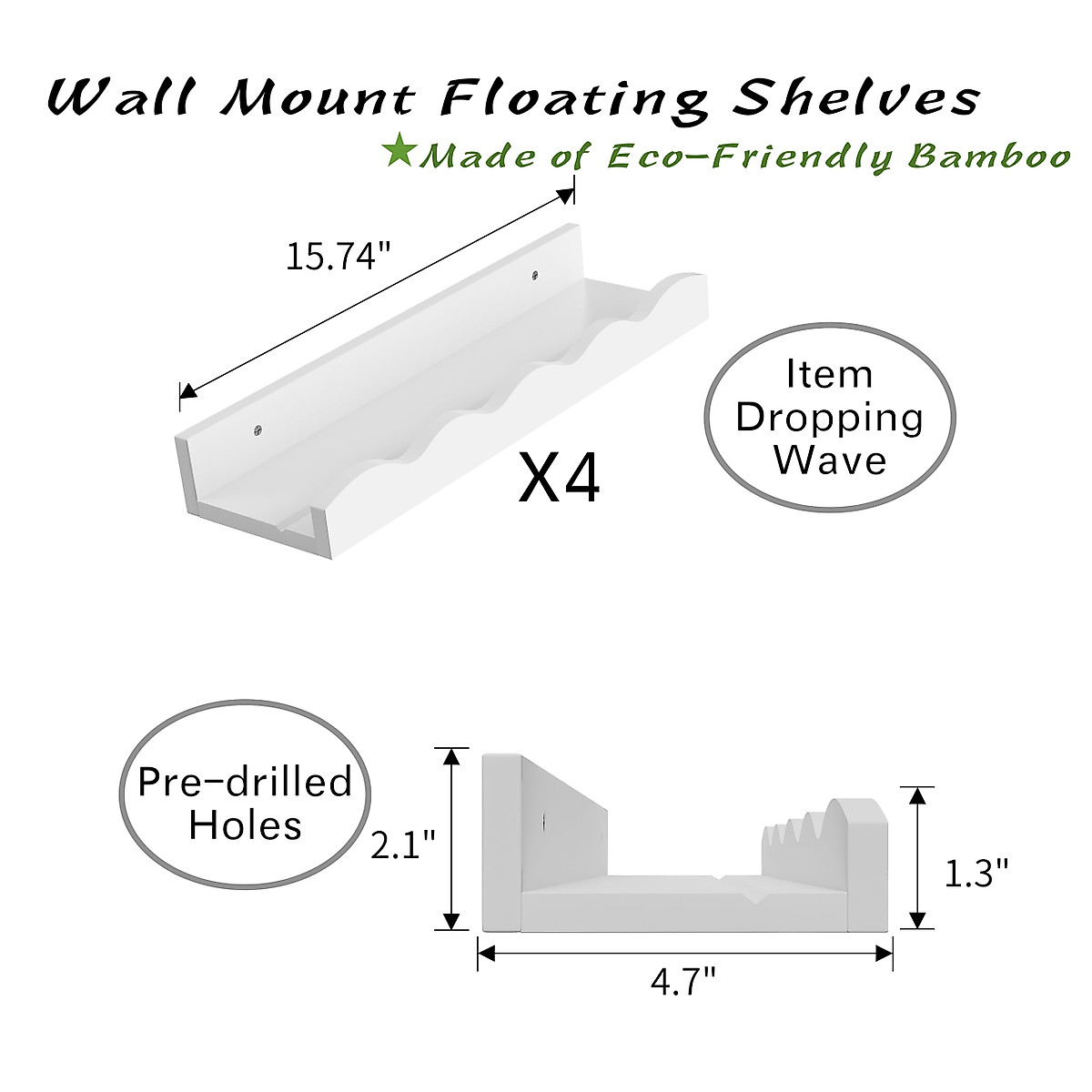 Floating Shelves for Wall Décor Set of 4 Nursery Book Shelves Bathroom Shelves Over Toilet Wall Shelf for Books, Plants, Toys, Photo Frames, Picture Ledge-White