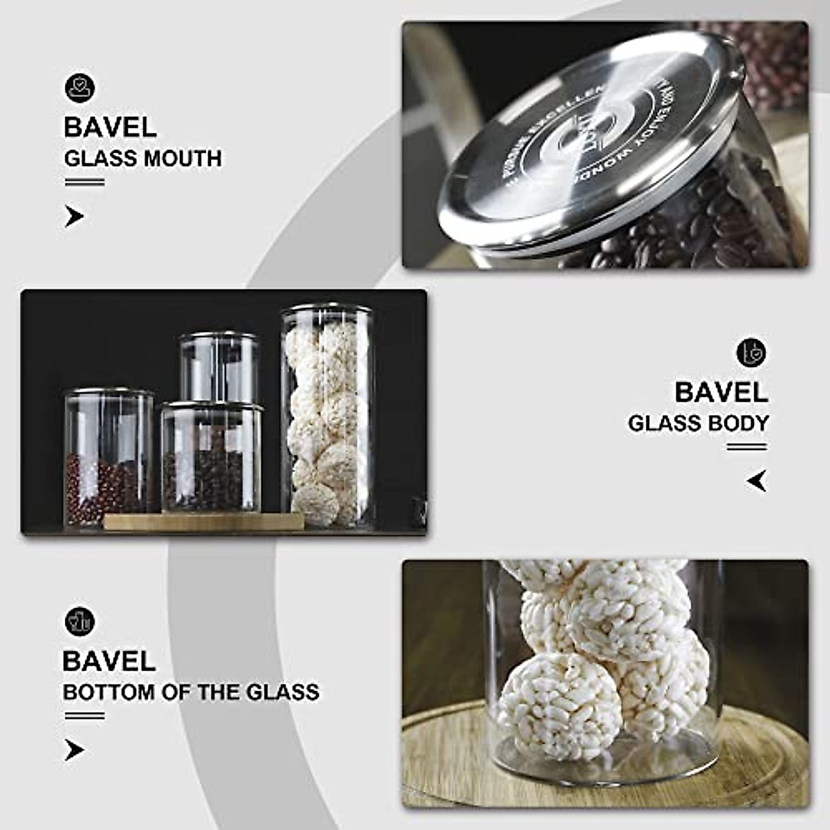 BaveL Glass Storage Jars 20 OZ/33 OZ/54 OZ,Glass Food Storage Containers Set of 3,Airtight Food Jars with stainless steel Lids, Kitchen Canisters for Serving Sugar,Candy, Cookie, Rice and Spice Jars