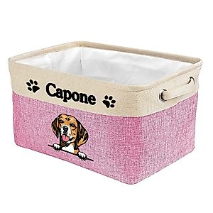 MALIHONG Personalized Foldable Storage Basket with Cute Dog Beagle Collapsible Sturdy Fabric Pet Toys Storage Bin Cube with Handles for Organizing Shelf Home Closet, Pink and White