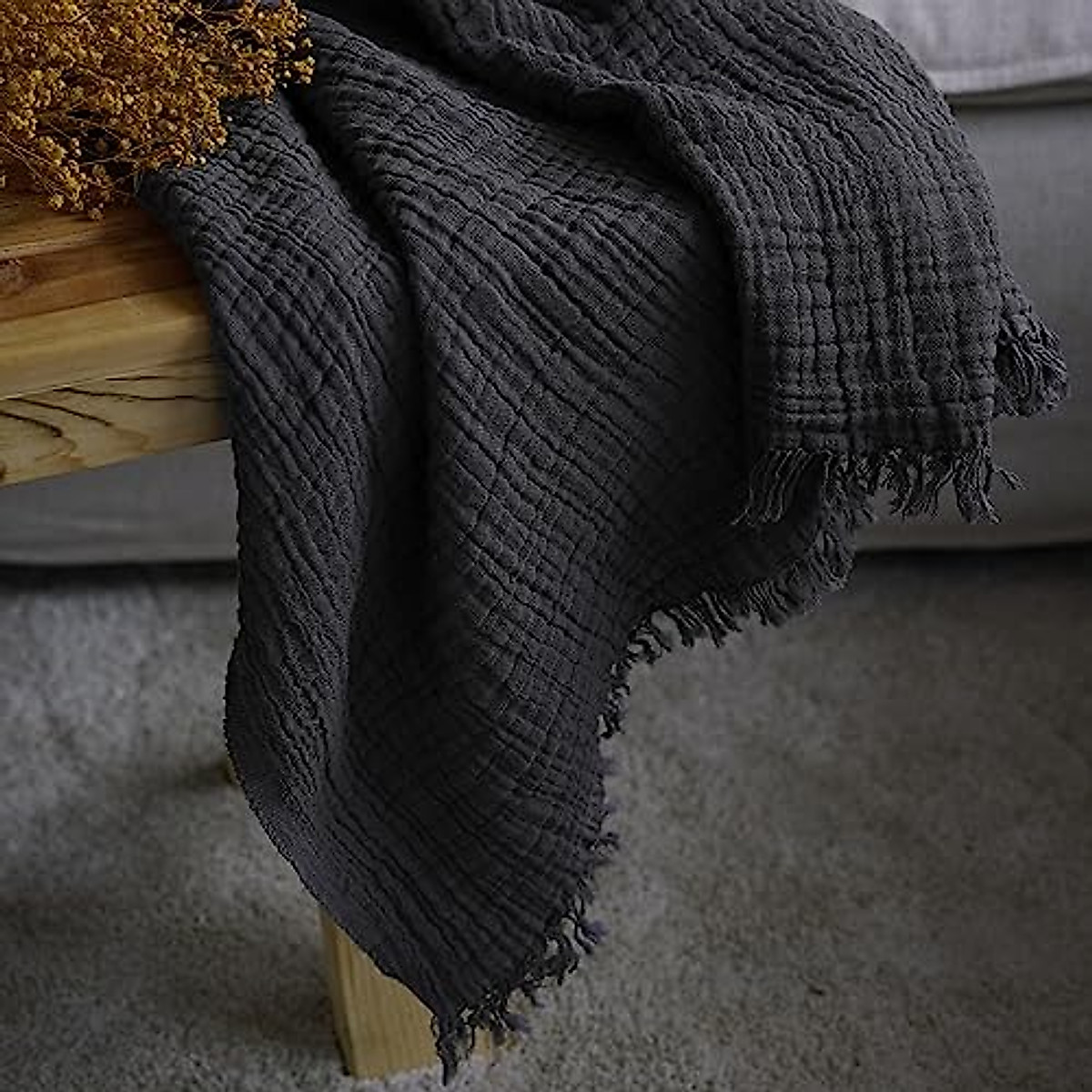 Peshtemania Premium Gauze Muslin Dark Grey Blue Throw Blankets for Adults 4-Layers Tassel Farmhouse 100% Cotton Summer Throw Blanket for Bed Couch Sofa, Ultra Soft & Lightweight |40"x70"|