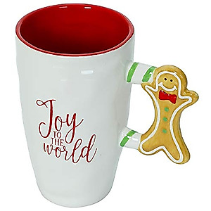 Joy To The World - Christmas Themed Ceramic Glossy 17 oz Mug With Large Gingerbread Man Handle (Microwave and Dishwasher Safe)