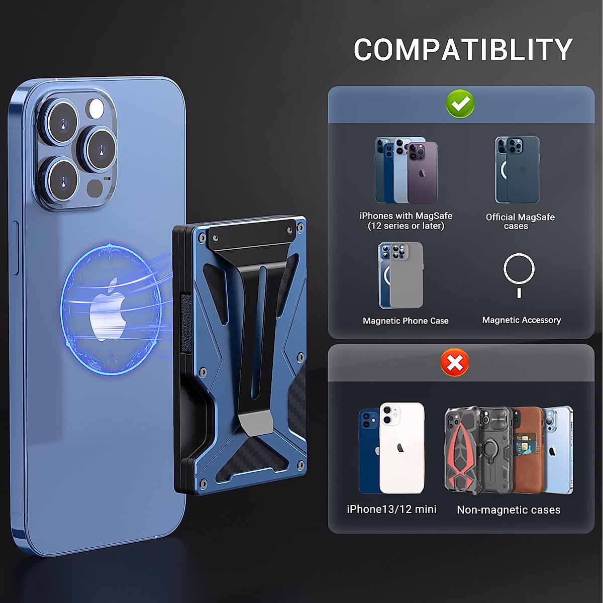 KLVEOL Mag Safe Wallet Money Clip, The First Patent Card Holders 2 in 1 Air Tag Holder and Money Clip, Magnetic Adhesive Wallet for iPhone Series of 15/14/13/12 Pro/ProMax and Magsafe Devise, Blue