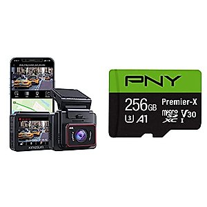 Kingslim D5-4K Dash Cam with WiFi - Front Dash Camera & PNY 256GB Premier-X Class 10 U3 V30 microSDXC Flash Memory Card - 100MB/s, Class 10, U3, V30, A1, 4K UHD, Full HD, UHS-I, Micro SD