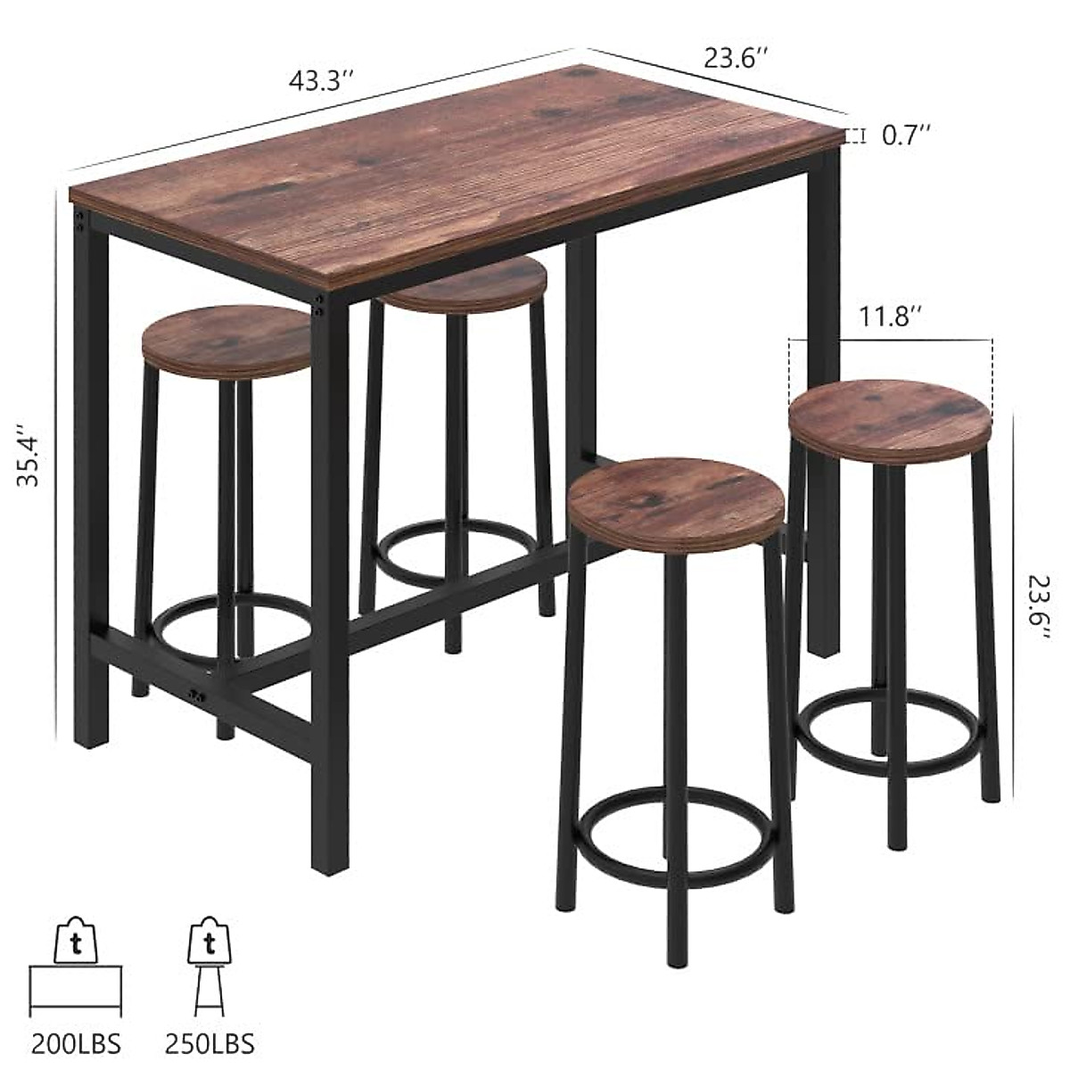 5 Piece Bar Table Set, 43.3” Industrial Dining Table Set, Counter Height Table with Bar Stools Set of 5, Kitchen Breakfast Table and Chairs for Dining Room, Living Room, Apartment