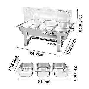 Restlrious Chafing Dish Buffet Set with Roll Top Plastic Cover, Stainless Steel 8 QT Rectangular Chafers and Buffet Warmers Set w/3 Third Size Food Pan, Water Pan, Fuel Can for Catering Event Party