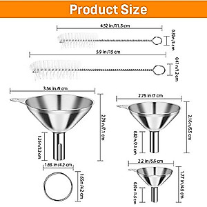 Kitchen Funnels for Filling Bottles, YGDZ 3pcs Small/Medium/Large Food Grade Stainless Steel Metal Kitchen Funnels Set for Essential Oil Spices Liquid, 2pcs Cleaning Brushes