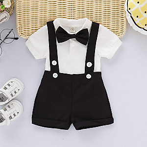 RUSHAIBAR Baby Boys Formal Outfits Suit Set Romper Suspenders Shorts Pants Bowtie Wedding Tuxedo Cake Smash Clothes black 18-24 Months