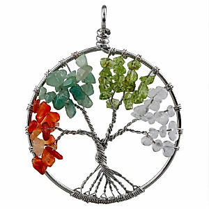 TUMBEELLUWA Tree Pendant Necklace Handmade Gemstone Chakra Alloy Jewelry for Women, Four Color Mixed Stone