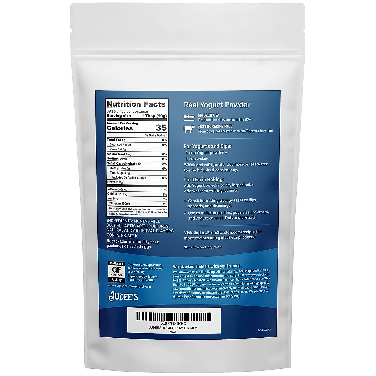 Judee’s Yogurt Powder 1.5lb (24oz) - 100% Non-GMO, rBST Hormone-Free - Gluten-Free & Nut-Free - Made from Real Dairy - Made in USA - Make Homemade Yogurt and Tangy Dips, Dressings, and Toppings