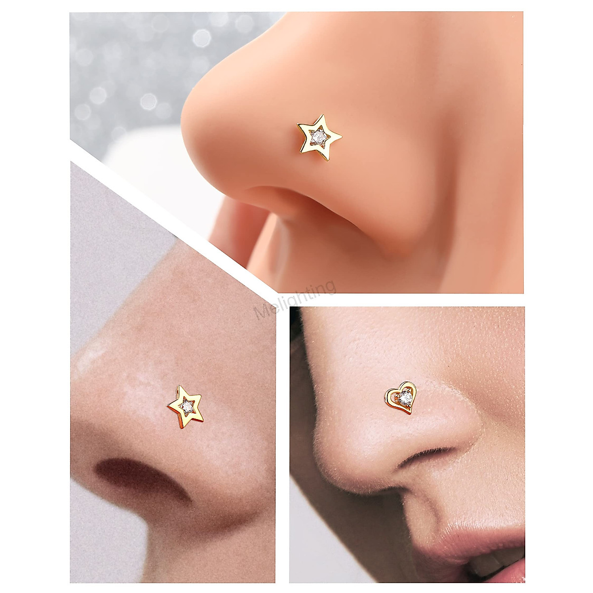 MeIighting 14K Solid Gold Nose Stud 20G Heart Nose Rings Clear Round CZ Nose Piercing Jewelry for Women Men Real Gold
