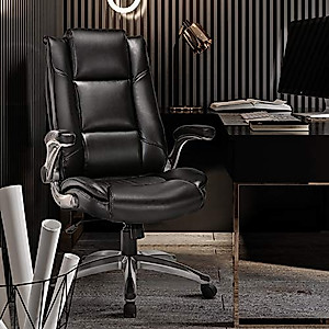 COLAMY Office Chair High Back Executive Leather Desk Chair, Ergonomic Flip Arms Adjustable Swivel Thick Padding Home Office - Black