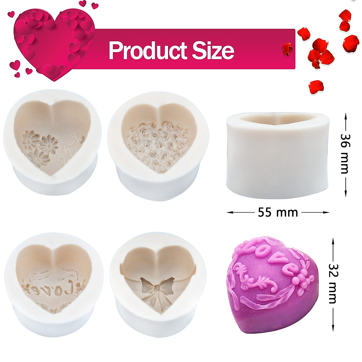 4PC Mother's Day Fondant Silicone Molds, Heart-Shaped 3D Love Rose Flower Silicone Mold for Thanksgiving Wedding Valentine's Day Cake Chocolate Dessert DIY Aromatherapy Handmade Soap Making (White)