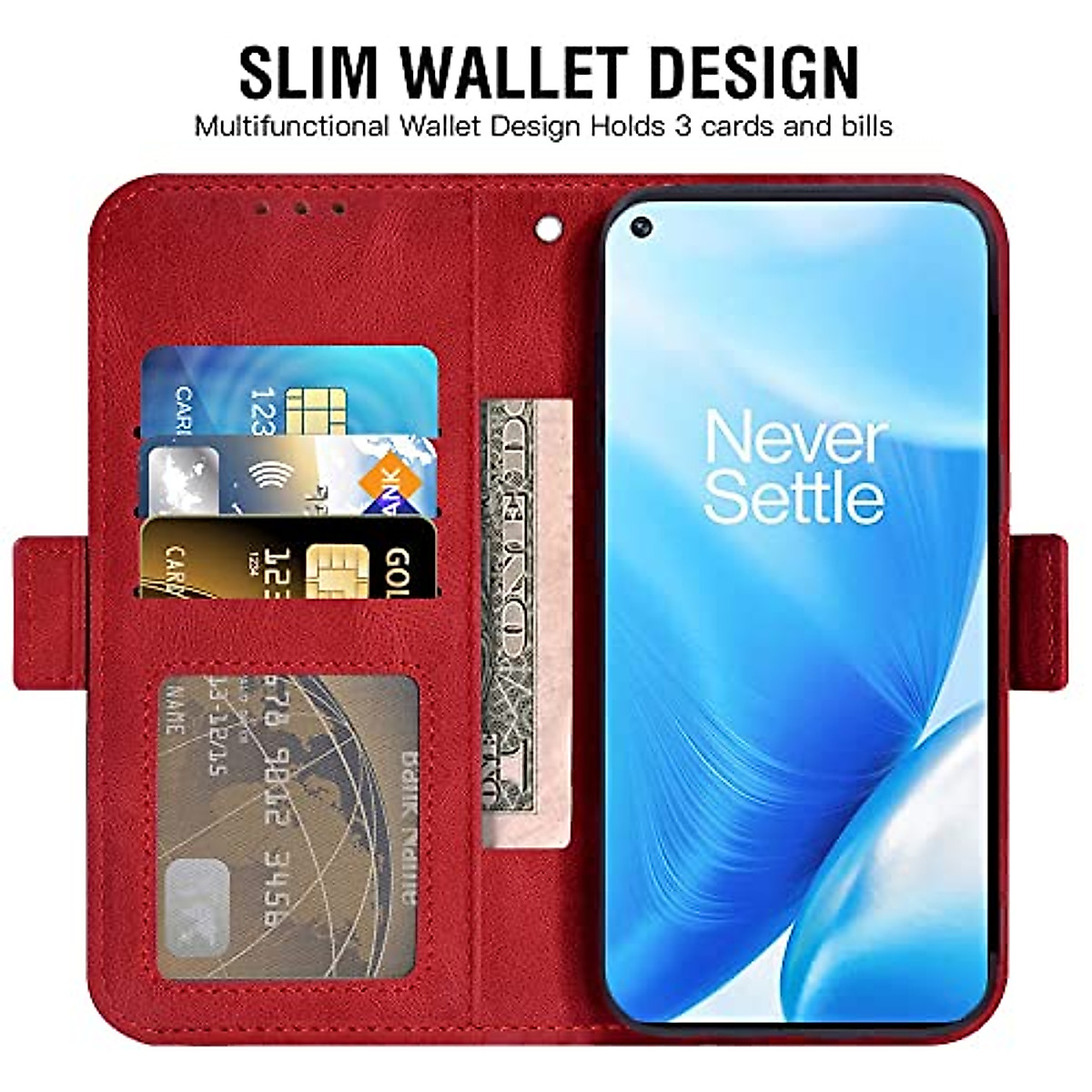 Compatible with OnePlus Nord N200 5G Wallet Case and Tempered Glass Screen Protector Flip Card Holder Stand Cell Phone Cover for One Plus N 200 G5 1 Plus 200N 1plus One+ 1+ N2005G 2021 Women Men Red