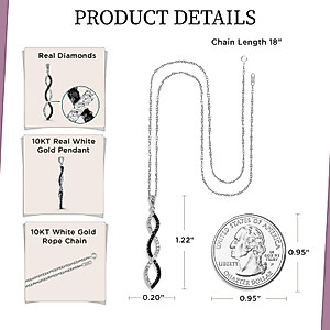 Jewelili 10k White Gold Twist Pendant Necklace with Round Black and White Diamonds, 1/4 cttw, 18" Rope Chain