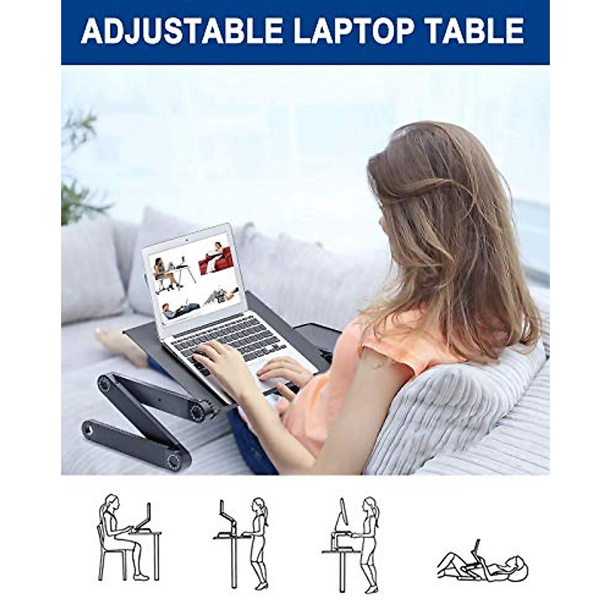 RAINBEAN Adjustable Laptop Desk, Laptop Stand for Bed Portable Lap Desk Foldable Table Workstation Notebook Riser with Mouse Pad